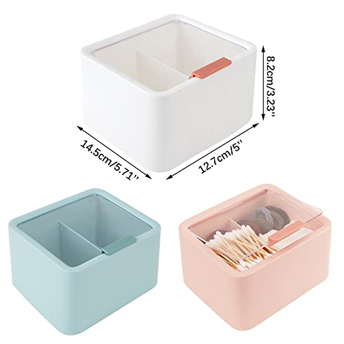 FHDUSRYO 3Pcs Q-tips Holders, White Pink Blue Cotton Swab Ball Dispenser Boxes, 2 Slots Q-tips Storage Box, Cotton Pad Organizer Container with Hinged Lid for Bathroom Dresser Home Decor