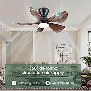 Kviflon Ceiling Fans with Lights and Remote/APP Control, 30 inch Low Profile Ceiling Fans with 5 Reversible Blades 3 Colors Dimmable 6 Speeds Ceiling Fan for Bedroom Dining Room, Wood Color
