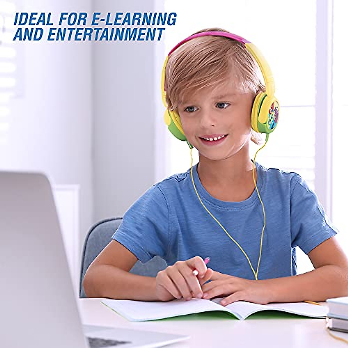 Volkano Wired Kids Headphones with Hearing Protection, Padded Lightweight Kiddy Headset, 85 dB Safe for Children, Girls/Boys, E-Learning, Travel, PC, Cellphones [Yellow/Green] Monster Kiddies Series