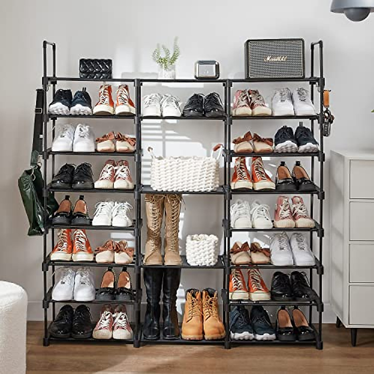 EXQ Home Black Metal Shoe Rack for Closet,8 Tiers Free Standing Shoe Racks for Entryway with Side Hooks,50 Pairs Shoe Rack and Boots Shelf, Tall Shoe Organizer for College Dorm, Door and Garage