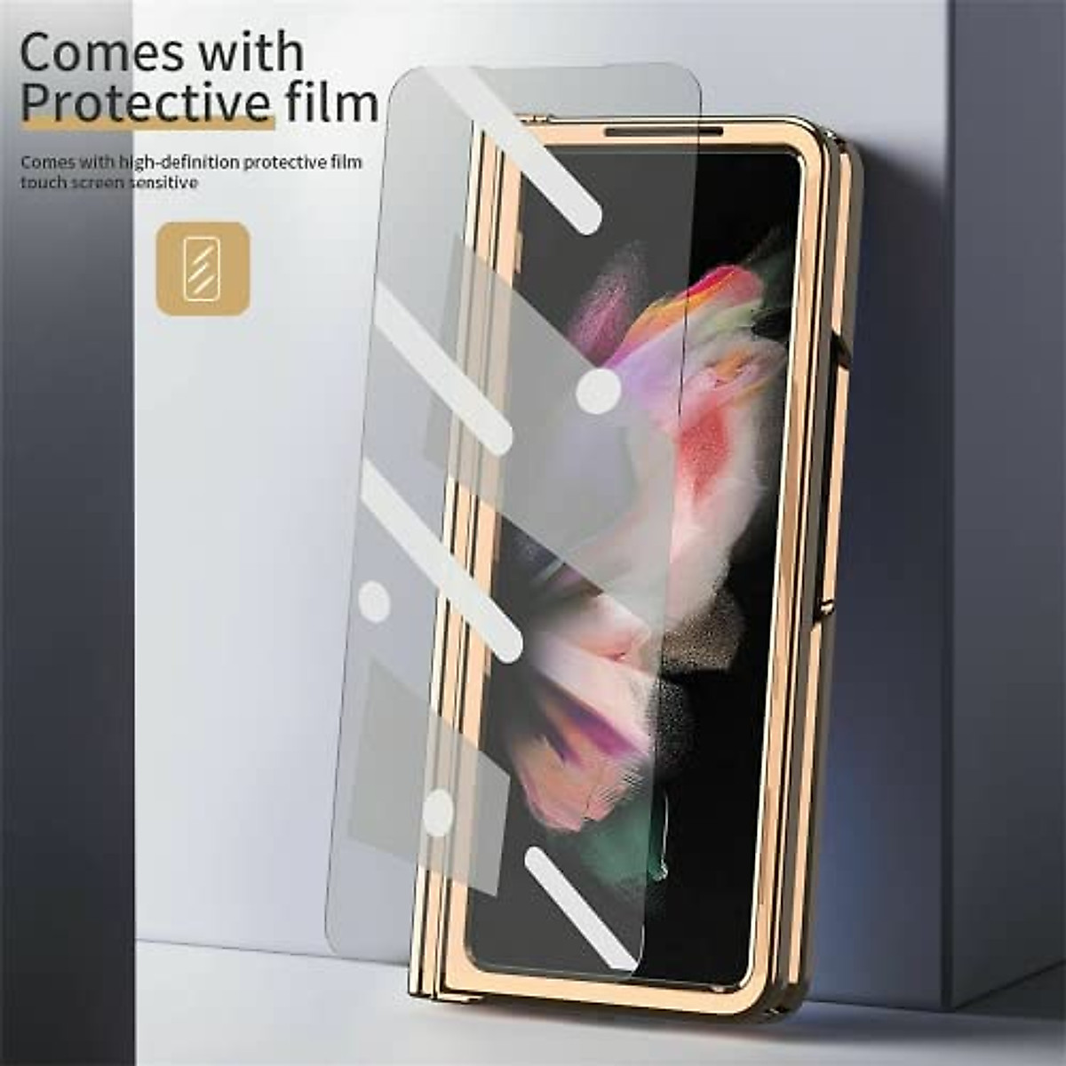 EAXER for Samsung Galaxy Z Fold 3 5G Luxury Lychee Pattern Leather Stand Case Plating Pen Slot Case with Front Tempered Glass All-Inclusive Protective Cover Case Gold