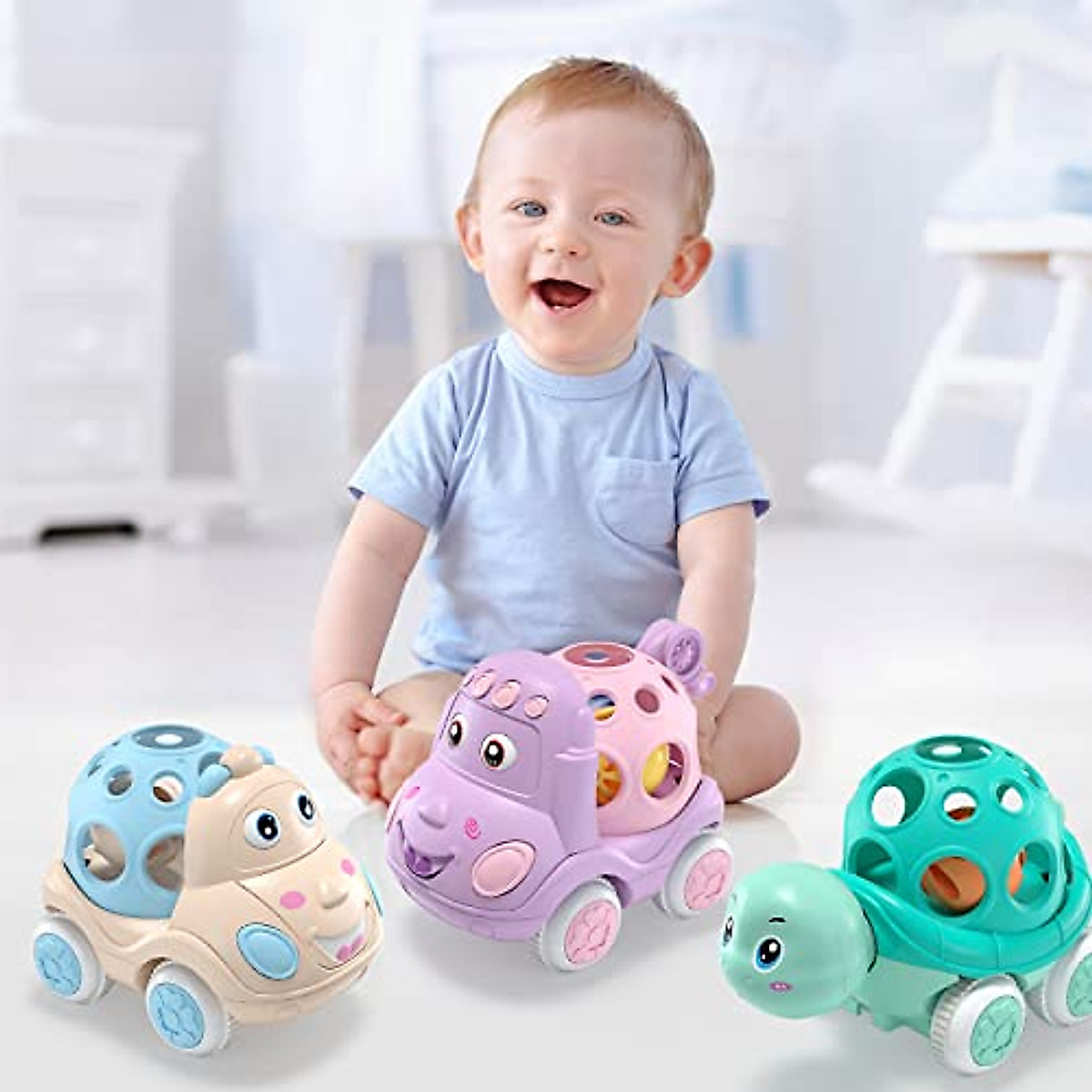 BeAndge Baby Car Toys, Babies Toy Cars for Baby Boy, Girl Rattle & Roll Truck for Infant Boys Toddler Girls, Push and Go Trucks for 1 2 Year Old, Preschool Learning Gift for Toddlers Infants 18 Months