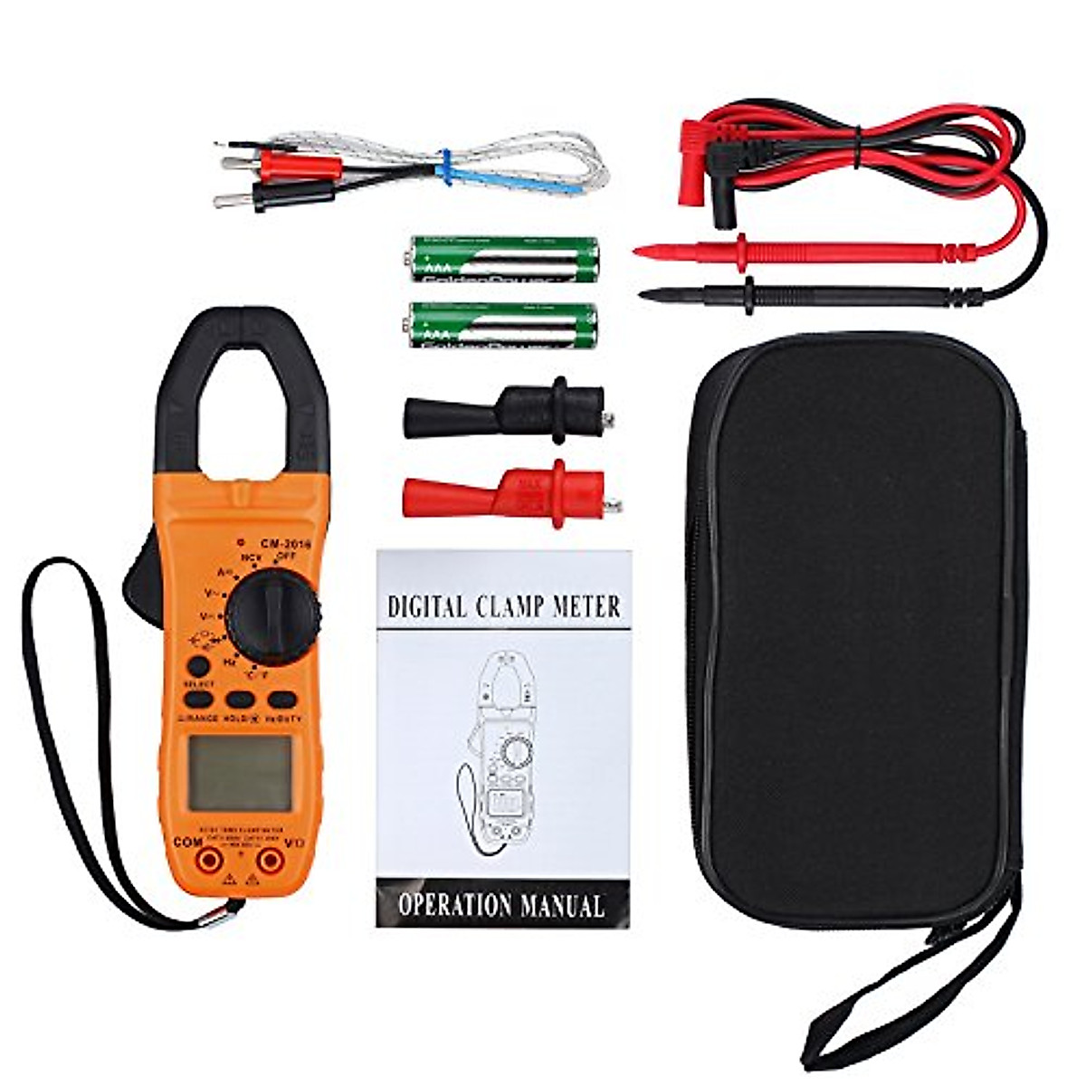 CAMWAY Portable Clamp Meter Digital 6000 Counts AC/DC Current TRMS AMP OHM Tester Capacitance Multimeter with Alligator Clips