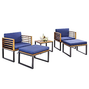 Tangkula 5 Piece Patio Chair Set, Acacia Wood Chair Set w/Ottomans & Coffee Table, Soft Seat & Back Cushions, Outdoor Wood Furniture Set for Backyard, Poolside, Garden