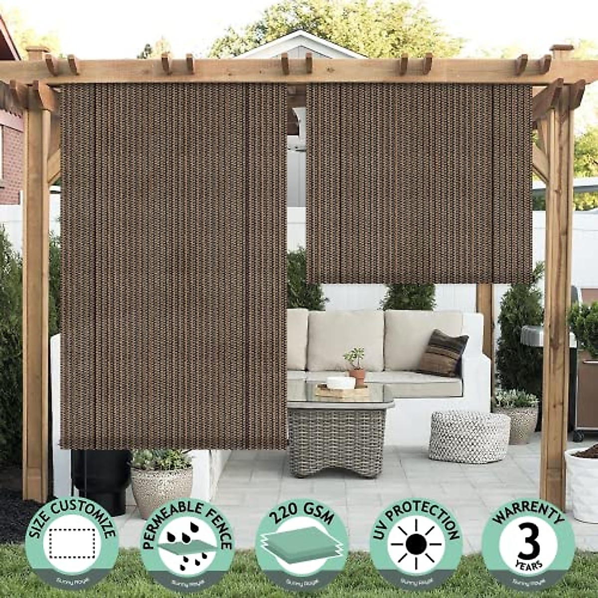 SunnyRoyal Patio Shades Roll Up Outdoor Exterior Roll Up Blinds for Patio Yard Deck Porch Balcony Backyard 7' W X 6' L Brown
