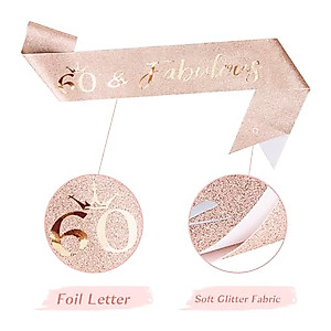 CURASA 60th Birthday Decorations Decor for Women Rose Gold 60 Birthday Sash and Crown Rhinestones Tiara 60 & Fabulous Sash 60th Birthday Cake Topper 60th Birthday Candles 60th Birthday Gifts for Women