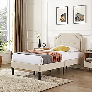 VECELO Premium Upholstered Platform Bed Diamond Stitched Panel Headboard, Metal Frame & 12 Strong Wood Slat Support, Mattress Foundation/Easy Assembly,Twin,Beige