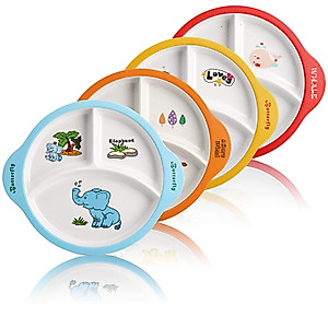 ZOOFOX 4 Pieces Kids Divided Plates, Bamboo Portion Plate with 3 Compartment, Unbreakable Cartoon Tray for Toddlers, Dishwasher Safe, BPA Free