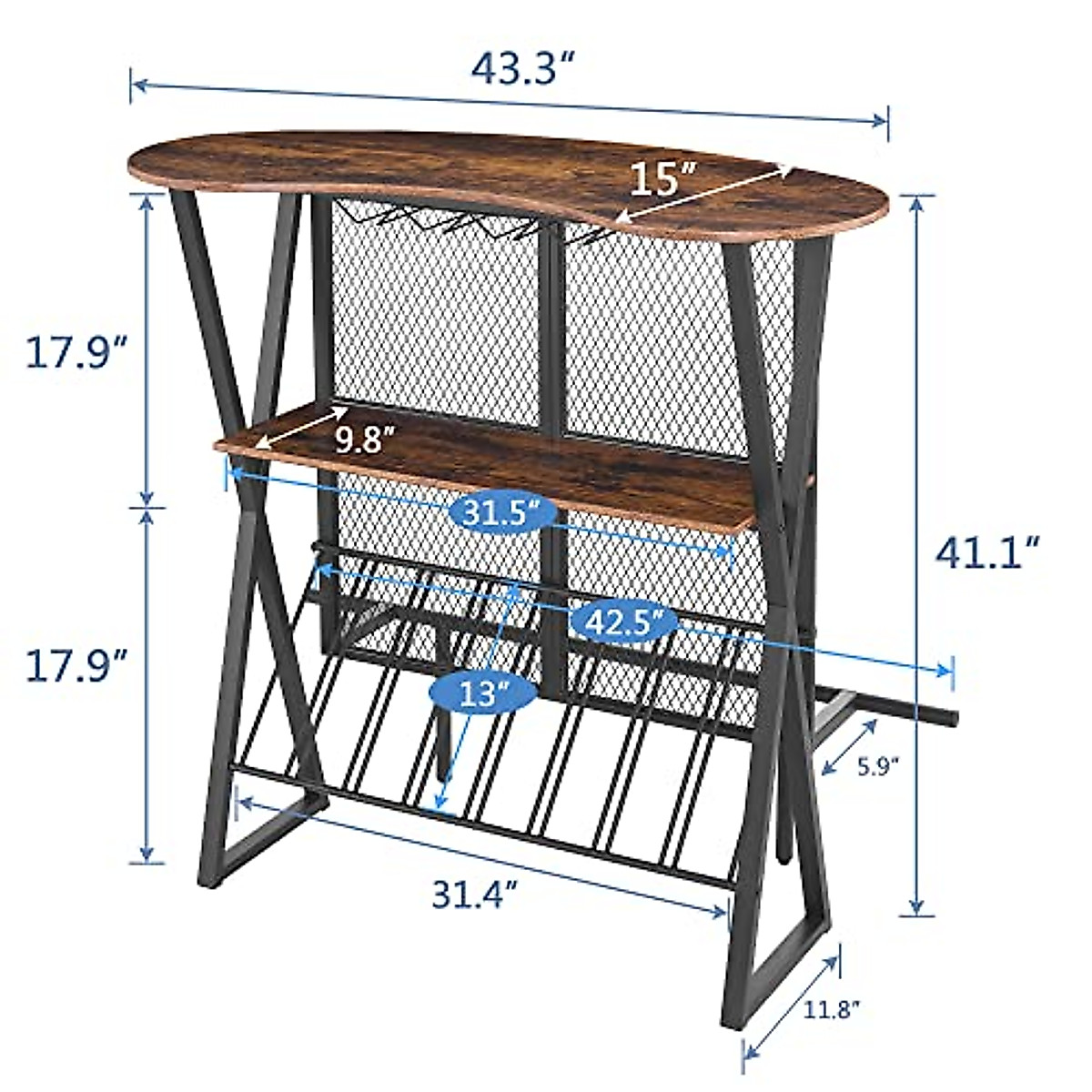 VECELO 3 Tier Oval Table Versatile Use Bar Cabinet with Open Storage Display Shelf and Footrail, Brown