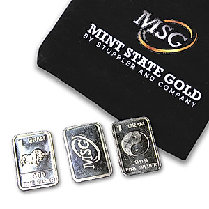 MINT STATE GOLD Three (3) One Gram .999 pure Silver Bars with random designs in a jewelry pouch