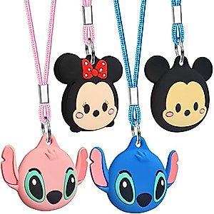 Airtag Silicone Holder 22 AirTag Holder for Kids [ 4 Pack ] Cute Cartoon Air tag Necklace Keychain for Kids & Adults, Soft Silicone Cover for AirTags with Key Ring - Black, Blue