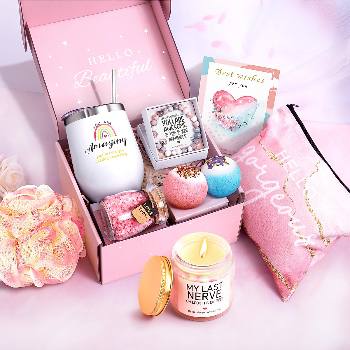 Gifts for Women,Birthday Gifts for Women Friendship,Spa Gifts Basket with Wine Tumbler,Gift Set for Women,Self Care Gift Idea for Mom,Her,Female Friend,Sister,Wife,Unique Gifts for Women