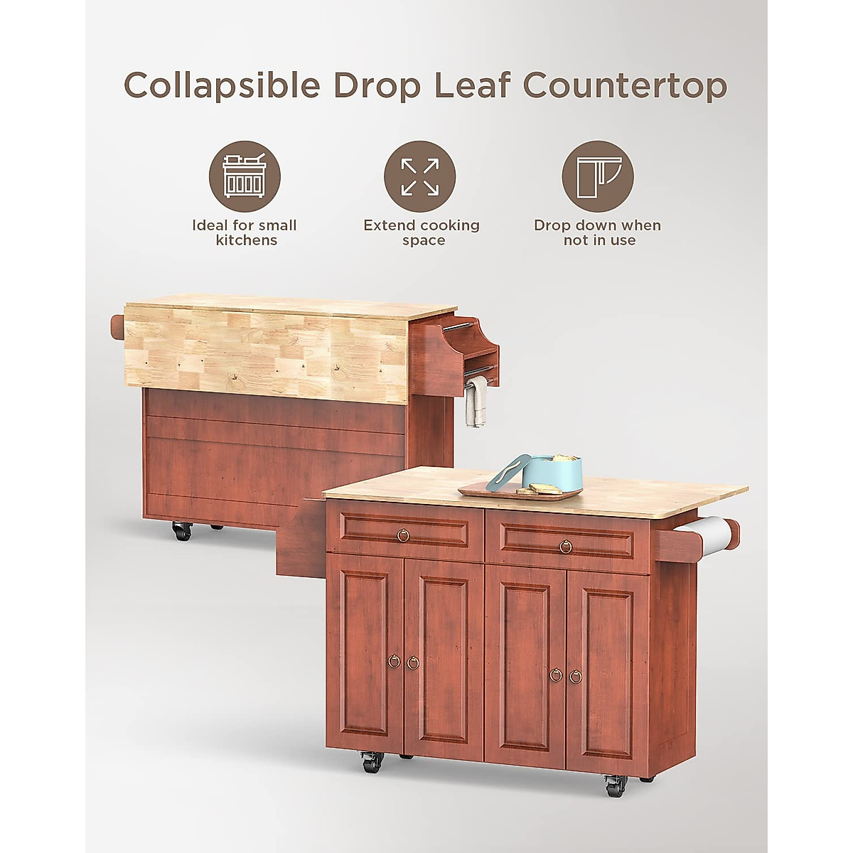 Qsun Kitchen Island with Drop Leaf Countertop, Wood Kitchen Island Cart on Lockable Wheels with Two Large Drawers and Two Large Storage Cabinet with Double Doors, Brown