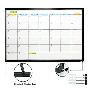 JILoffice Dry Erase Calendar Whiteboard - Magnetic White Board Calendar Monthly 36 X 24 Inch, Black Aluminum Frame Wall Mounted Board for Office Home and School