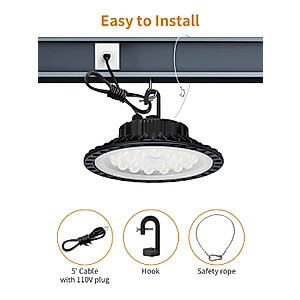 LED High Bay Light, 100W 12000LM UFO LED High Bay Lights with US Plug 5' Cable, Eqv.400W MH/HPS, 6500K Super Bright LED Shop Lights IP65 Area Light Fixture Bay Lighting for Garage Factory Workshop