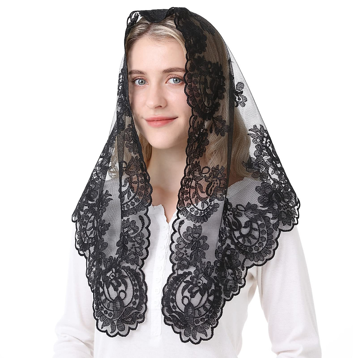 Spanish Mantilla Traditional Church Mass Head Covering Chaple Lace Veil Catholic Mass First Coummunion Bridal Latin Mass Veil (Black)