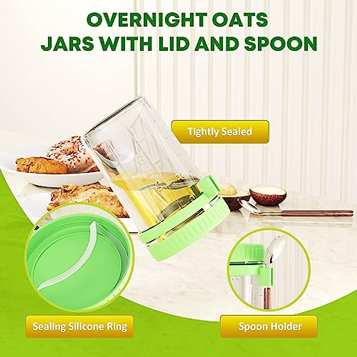 Overnight Oat Containers with Lids and Spoon 6 Set, 16OZ Large Capacity Glass Mason Jars, Glass Food Storage Containers for Milk, Cereal, Vegetable and Fruit Salad(6 PACK)