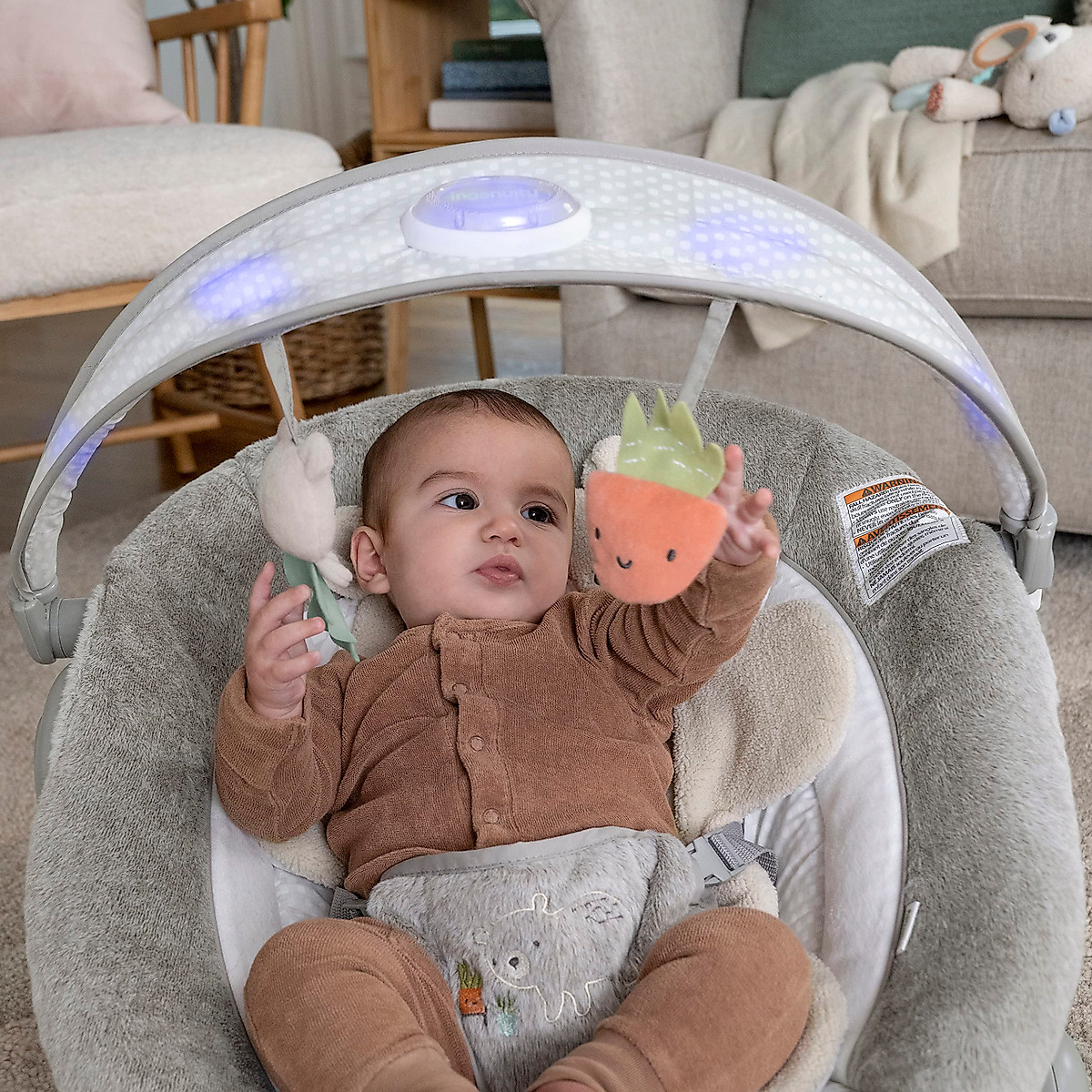Ingenuity InLighten Baby Bouncer Seat with Light Up-Toy Bar and Bear Tummy Time Pillow Mat - Nate, Newborn and up