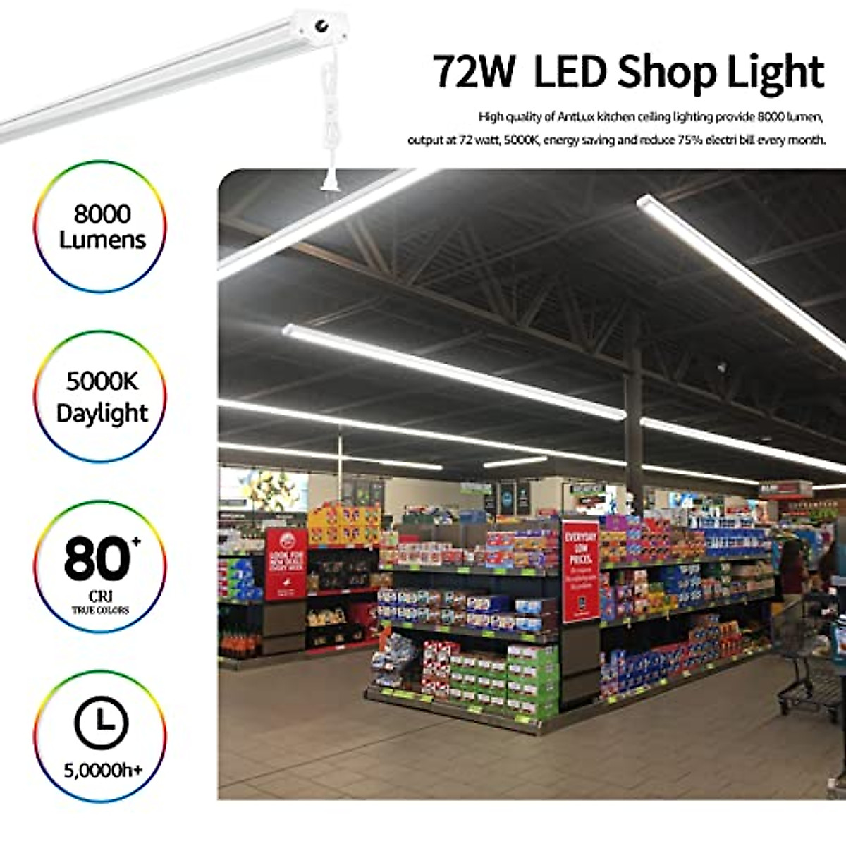 ANTLUX 8FT LED Shop Lights for Garage 8 Foot Linear Strip Light, 72W 8000LM, 5000K, Workshop Warehouse Ceiling Lighting Fixtures with on/Off Switch, Plug in, 8’ Fluorescent Tube Replacement, 4 Pack