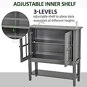 HOMCOM Coffee Bar Cabinet, Modern Sideboard Buffet Cabinet, Kitchen Cabinet with 2 Glass Doors, Adjustable Inner Shelving and Bottom Shelf, Grey