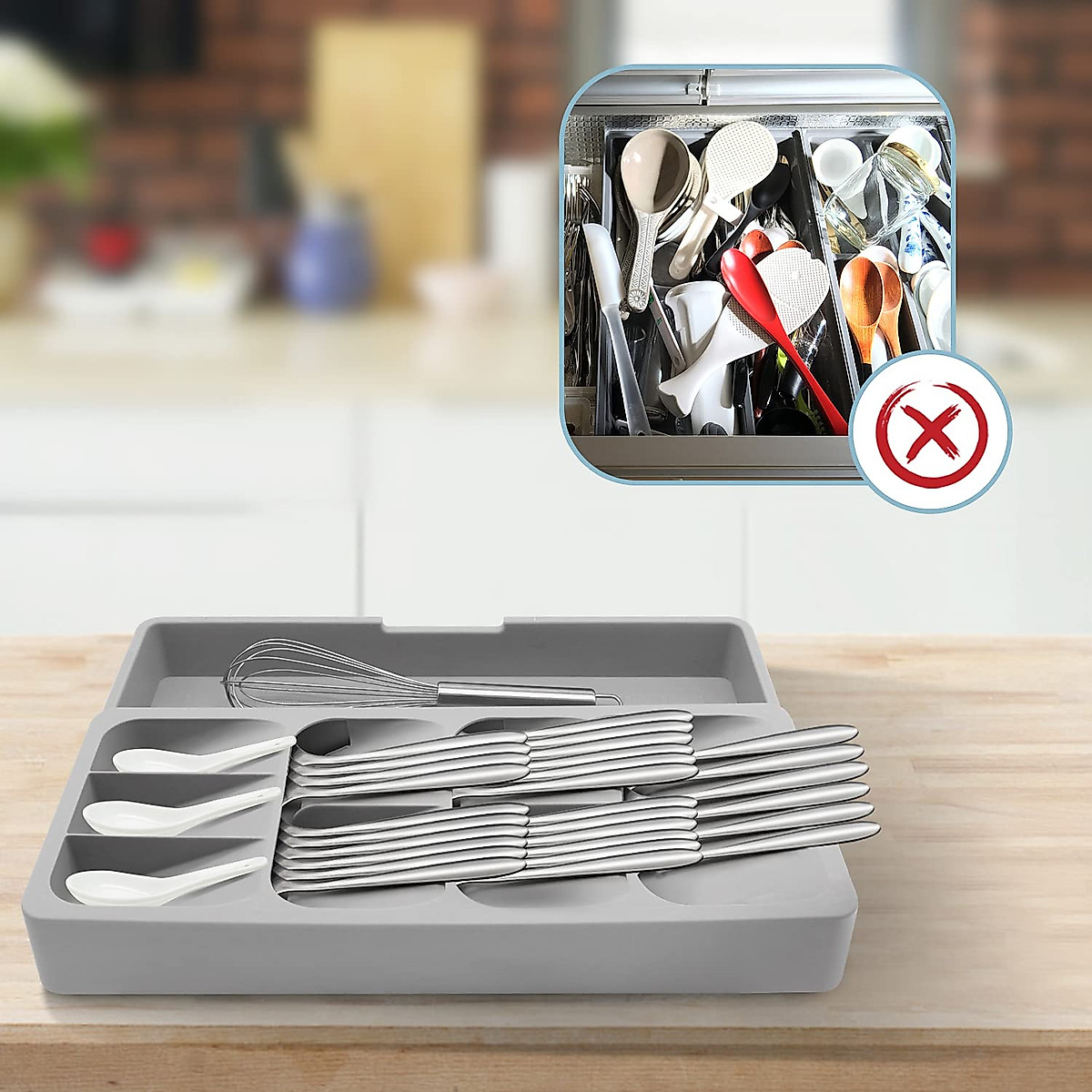 YUOIOYU Cutlery Organizer in Drawer, Expandable Compact Silverware Organizer for Kitchen Drawers, PP Plastic Kitchen Utensil Organizer for Flatware, Forks, Spoons, Silverware Tray for Drawer (Gray)