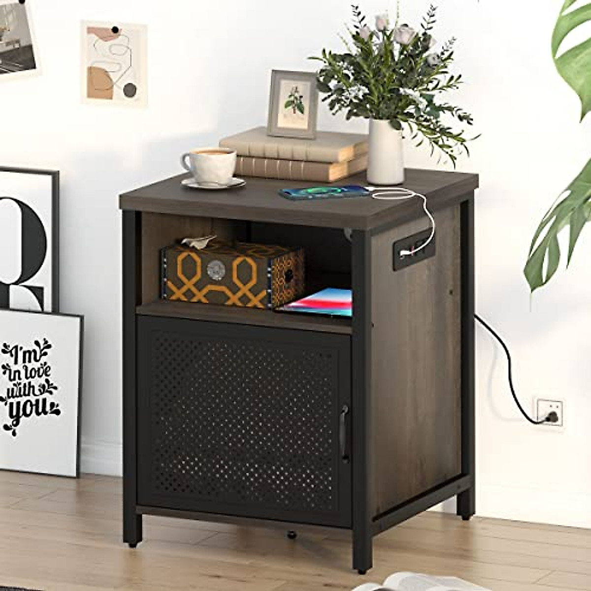 FATORRI Industrial TV Stand, Coffee Table and End Table with Charging Station for Living Room (Walnut Brown)