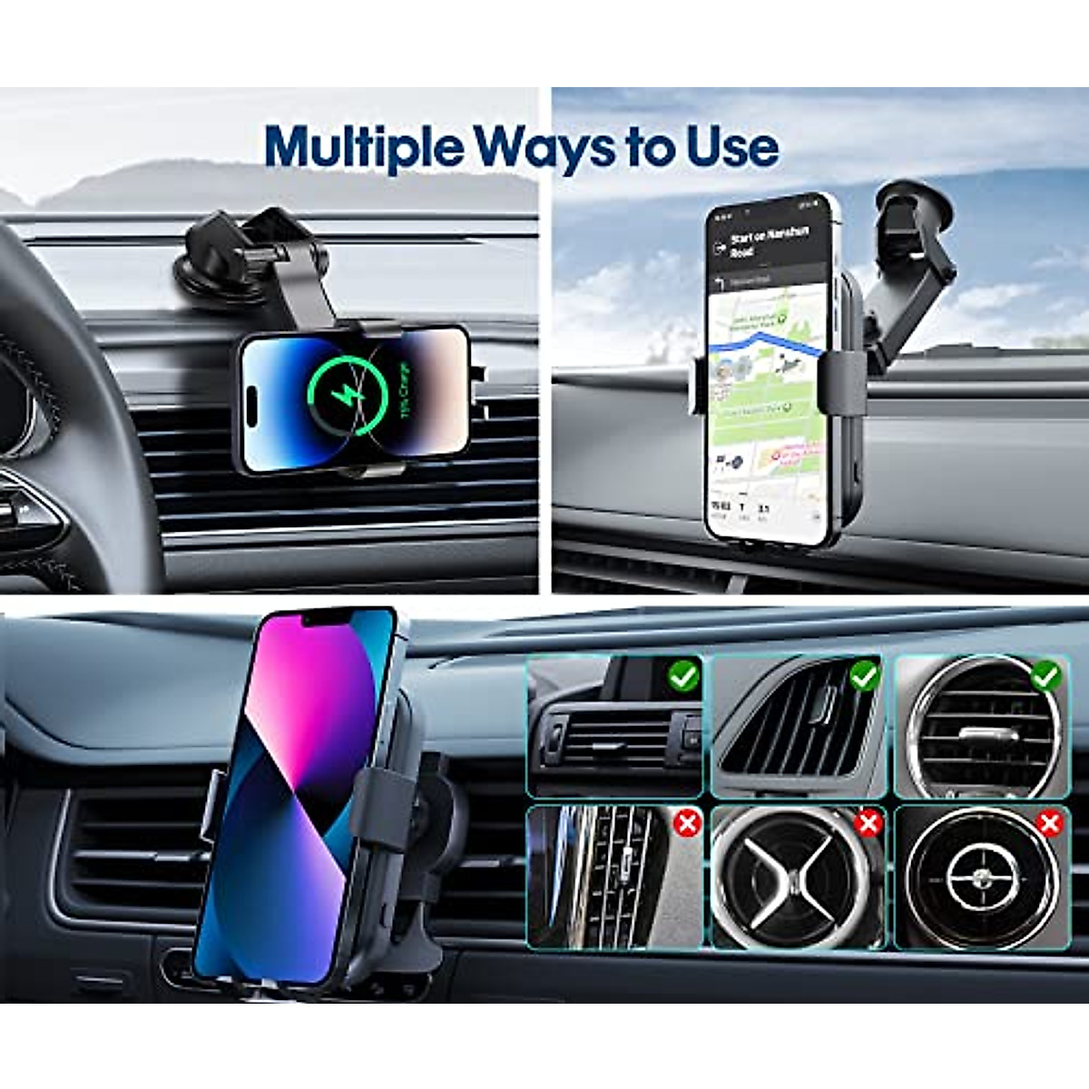 Risingstar Wireless Car Charger, 15W Fast Wireless Car Charger Mount, Auto-Clamping Alignment Windshield Dashboard Air Vent Cell Phone Holder for iPhone 14/13/12/11/pro/X/8, Samsung S20/S10/S9/S8