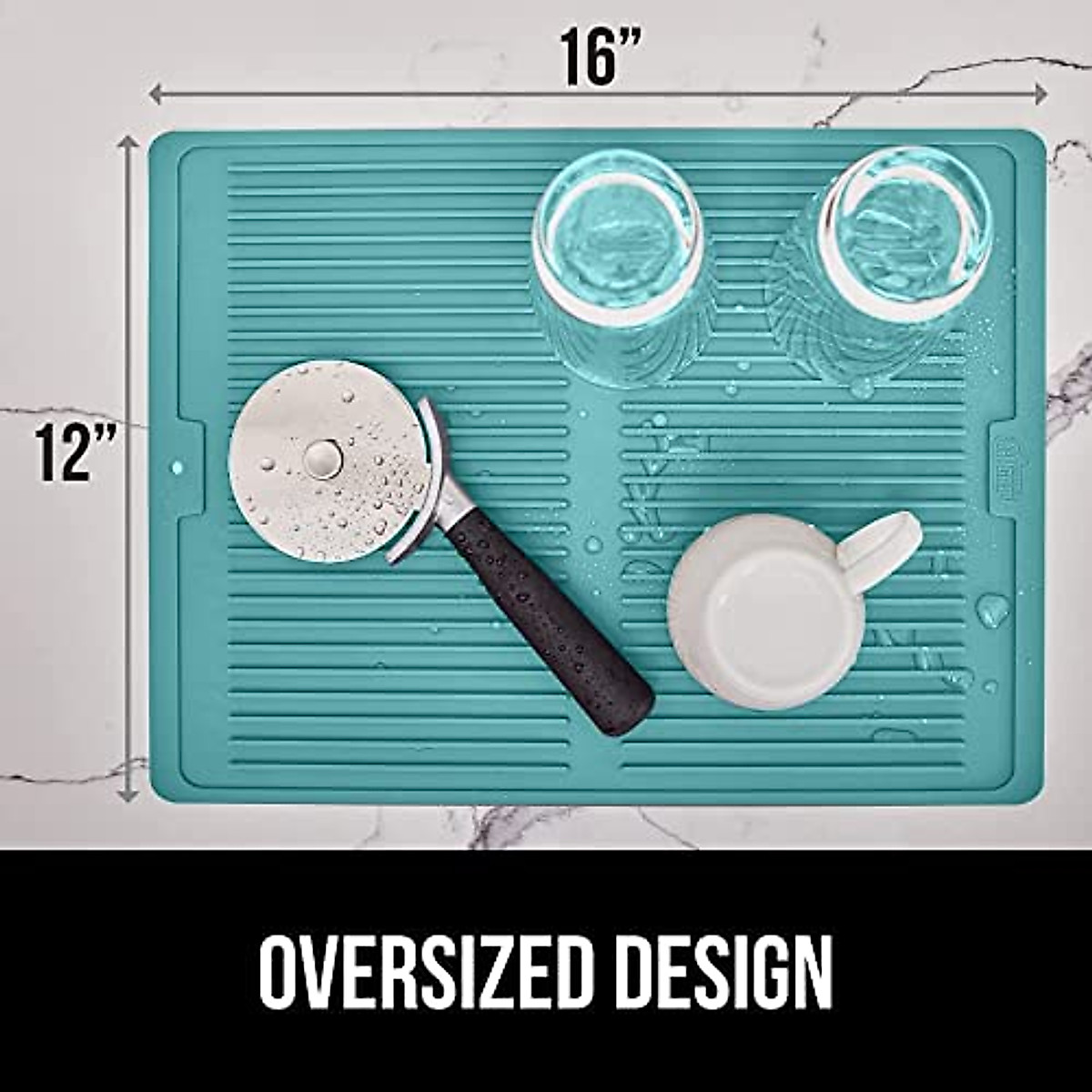 Gorilla Grip Silicone Oven Mitts Set and Silicone Dish Drying Mat, Both in Turquoise Color, Oven Mitts are Heat Resistant, Drying Mat is Size 16x12, 2 Item Bundle