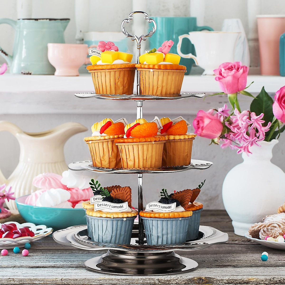 Zhehao 2 Set of Cake Stand Stainless Steel 3 Tiered Serving Stand Dessert Fruit Cupcake Tray Buffet Candy Cup Cake Holder Tea Party Tiered Stand Table Decorations for Wedding Birthday (Silver)