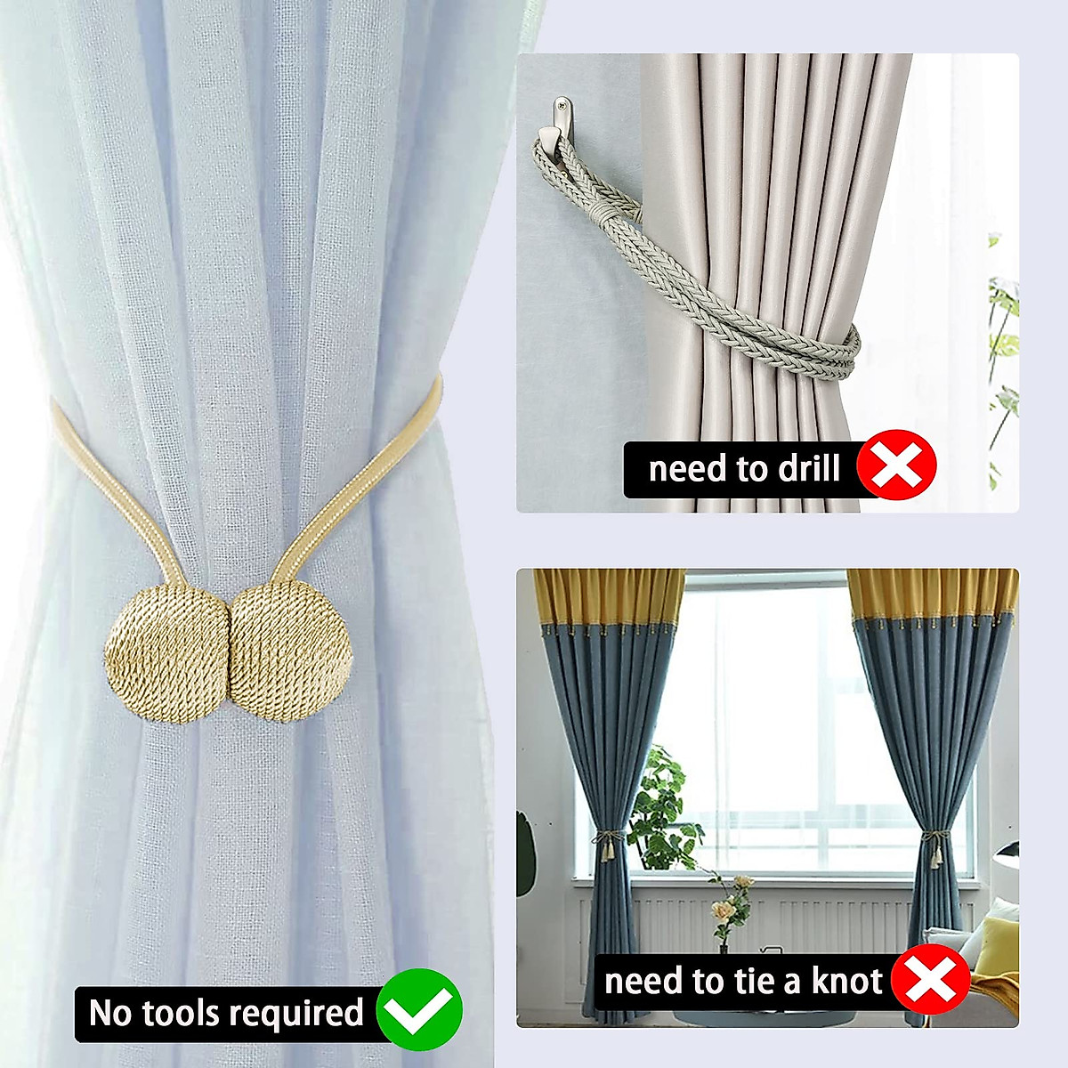 CLAURE 2 Pack Magnetic Curtain Ties, Magnetic Curtain Holder, Curtain Tie Back,Magnetic Curtain tiebacks Hand Braided Cord, Stronger Magnetic for Thin or Thick Decorative Curtains Home Bedroom Office