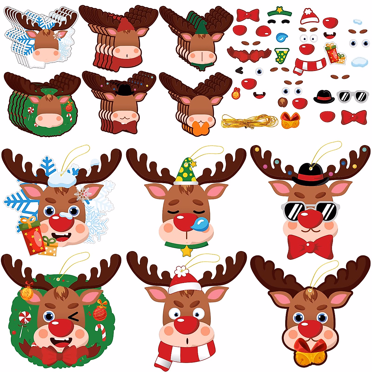 DIY Christmas Reindeer Tree Ornament Craft Kit for Kids Holiday Art Making Craft with Stickers, Make Your Own Xmas Reindeer Christmas Favor Decoration Home Classroom Party Game Activities