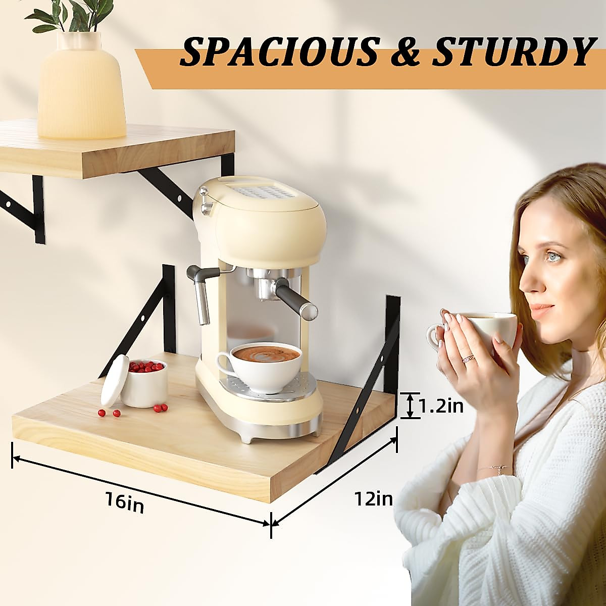 Habudda Floating Shelves for Wall, Natural Wood Hanging Shelf, Wall Mounted Shelves for Bathroom Kitchen Living Room, 16 inches, 2 Set