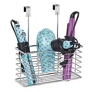 mDesign Steel Over Cabinet/Door Hair Dryer Holder Storage, Hair Styling Tool Organizer Basket for Bathroom - Hair Blow Dryer, Flat Iron, Curling Wand, Hair Straightener - Linelle Collection - Chrome