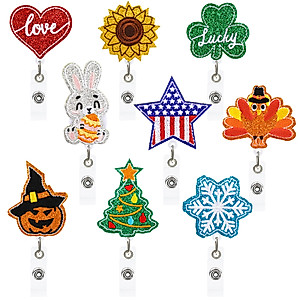 9Pcs Fall Holiday Badge Reels Embroidered Retractable Felt Nurse Badge Holder Name ID Card with Alligator Clip for Valentines St Patricks Easter Spring Independence Fall Thanksgiving Halloween Winter