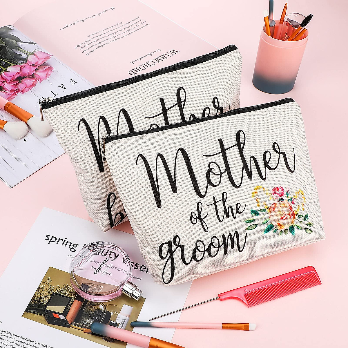 Weewooday 2 Pack Mother of the Groom and Bride Gifts Makeup Bags Floral Canvas Cosmetic Travel Toiletry Bag for Mom Mother in Law Wedding Engagement Gift