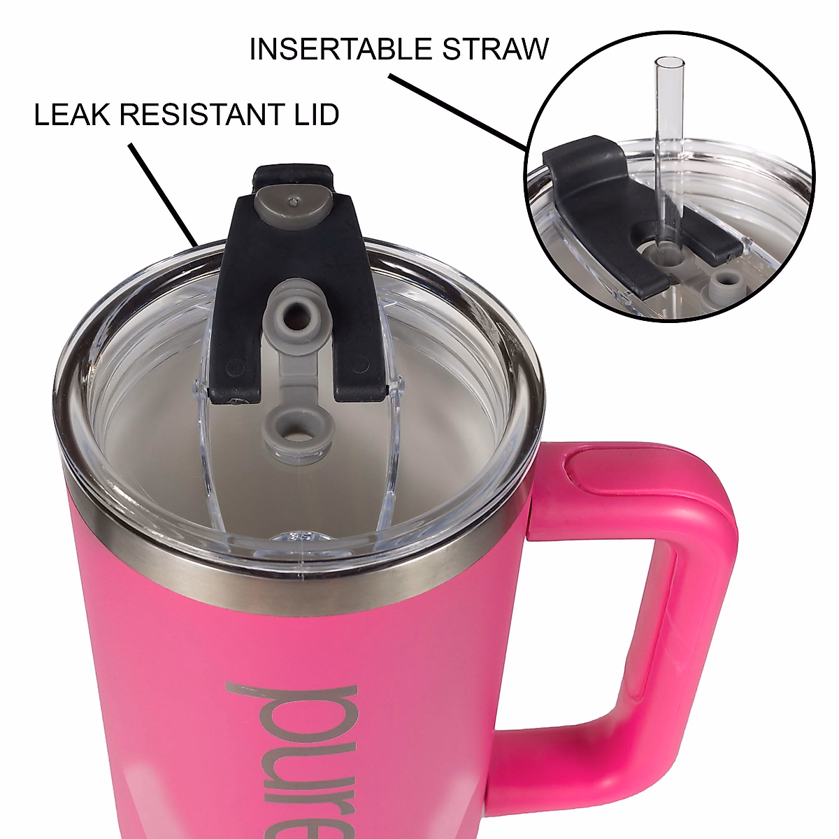 PURELY 40 oz Ceramic Lined Insulated Tumbler with Handle, Leak Resistant 2-way Lid and Straw, Ceramic Lined Travel Mug (Pink, 40oz)