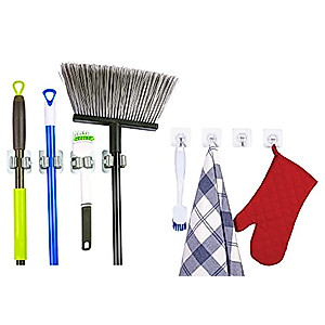 Ideas In Life 8 Piece Mop and Broom Organizer Utility Hook Set - Closet Organizer Holder for Cleaning Supplies Materials and Tools- Wall Mounted Rack with Hook Set Storage Solution