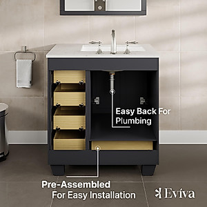 Eviva Acclaim 30 x 22 Inch Bathroom Sink Vanity Dark Grey Single Sink w/Carrara Quartz Top Modern Bathroom Vanity and Sink for Contemporary - Small Bathroom Sink Cabinet w/Soft Closing Drawers