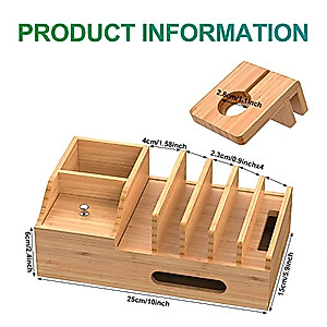 Bamboo Charging Station for Multiple Devices with 5 Port USB Charger, 6 Charger Cables and Smart Watch Stand. Wood Desktop Dock Stations Electronic Organizer for Cell Phone, Tablet, Watch, Office
