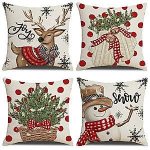 LITIVY Christmas Decor Pillow Covers Set of 4 Decorative Throw Pillowcase for Winter Xmas Holiday Home Decor for Sofa Couch (Christmas Tree Snowman Gloves Deer) (18"x18", Red)