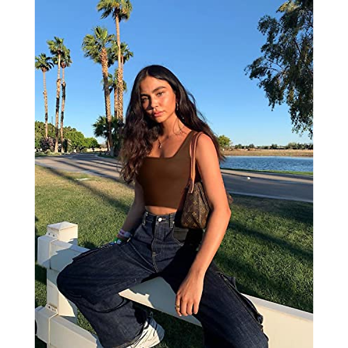 OLCHEE Women's 3 Pack Crop Tank Tops - Seamless Ribbed Sleeveless Square Neck Yoga Gym Shirts, Black Brown Beige Medium