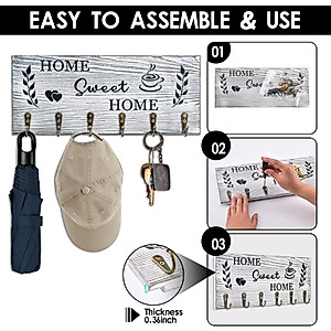 AHYS Key Holder Wall Mount Rustic Home Sweet Home Sign with Key Holder for Wall Decor Key Hanger Key Rack with 6 Key Hooks Wall Key Holder for Entryway Living Room Bedroom - Grey