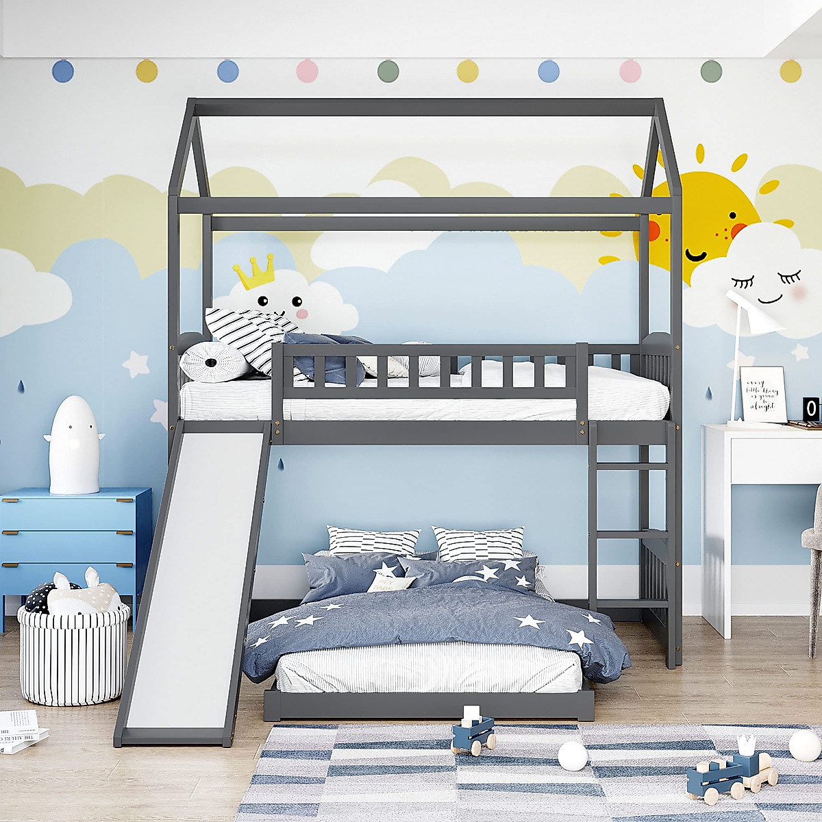 Harper & Bright Designs Twin Over Twin Bunk Bed with Slide, House Bunk Bed with Slide, Playhouse Bed for Toddlers Kids Girls Boys - Gray