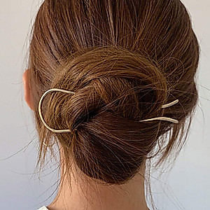 HYFEEL Metal Hair Fork 4.6 inch Simple U Shape Updo Hair Sticks Alloy Gold-plated 2 Prong Bun Hair Pins Clips Grips for Women Thick Hair Styling Tool Accessories, 3 Pack