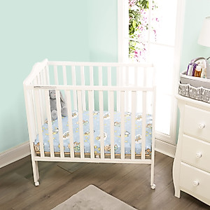 2 Pack n Play Mattress Sheets – 100% Jersey Knit Cotton Soft Portable Crib Mattress Sheet for Boys with Blue and Yellow Precious Moments Design; 2 Pk Playpen Mattress or Mini Crib Fitted Sheet Set