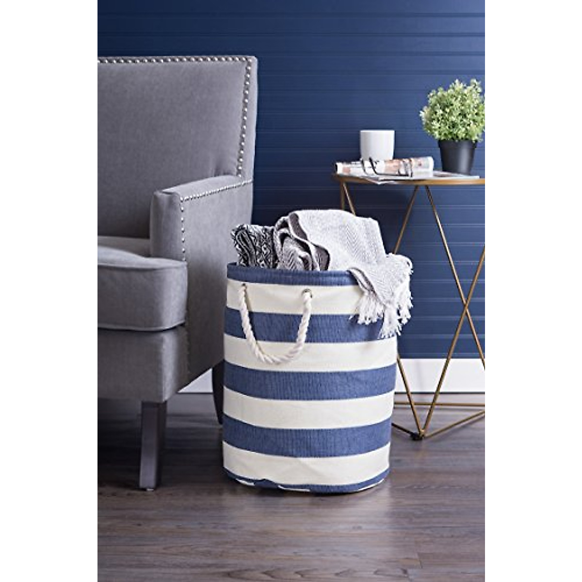 DII Collapsible Laundry Hamper/Storage Basket, Stripe Woven Paper, Nautical Blue Stripe, Large