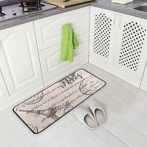 Paris Eiffel Tower Vintage Kitchen Rugs Indoor Outdoor Non Slip Kitchen Floor Mats for Home 39" x 20" Comfort, Polyester Fabric