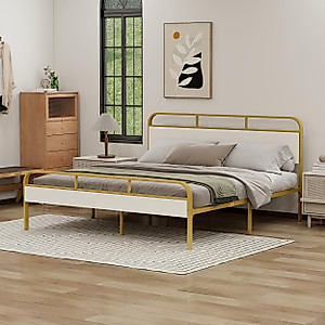 alazyhome Modern King Size Bed Frame, Metal Platform Bed with Velvet Upholstered Headboard, Steel Slats Support, Noise Free, Under-Bed Storage, Easy Assembly, Gold