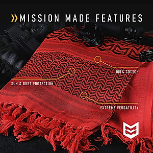 MISSION MADE Shemagh Tactical Military Keffiyeh Scarf Shawl Neck Head Wrap 100% Cotton (Red/Black)