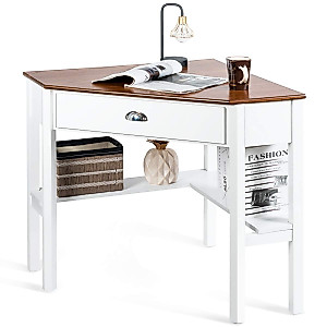 Tangkula Corner Desk, Corner Computer Desk with Drawer for Small Space, Small Corner Makeup Vanity Desk, 90 Degrees Triangle Corner Desk with Storage Shelves (Natural & White)